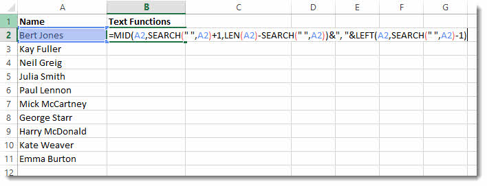 Excel Text Functions LEFT MID LEN SEARCH CONCATENATE